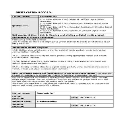Savannah focus group observation record | PDF
