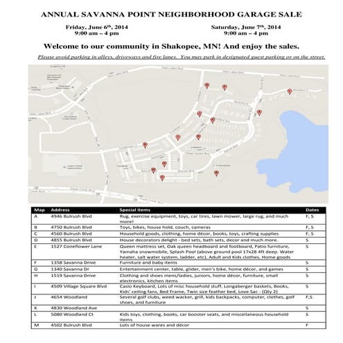 Savanna Pointe 2014 Neighborhood Garage Sale Map | PDF | Interior ...