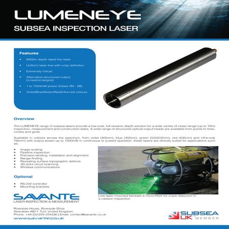 Savante Subsea and Underwater Lasers: Lumeneye specification sheet | PDF