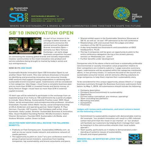 Sustainable Brands '10 Announces SB Innovation Open, a Contest for ...