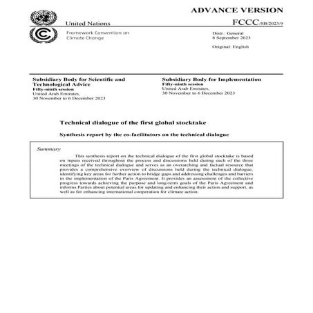 UNFCCC: Draft Synthesis Report- 1st Global Stocktake Paris Agreement | PDF