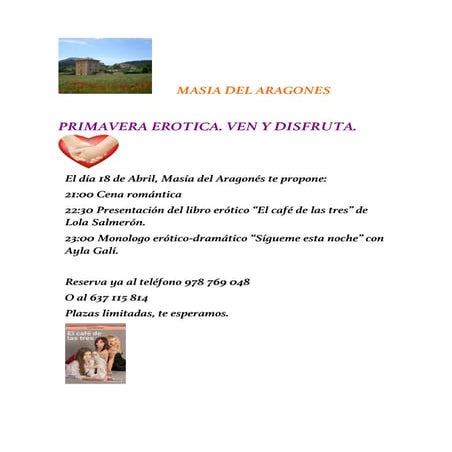 Sábado 18 De Abril Cena Romántica En Mas Del Aragonés Con Lola Salmerón