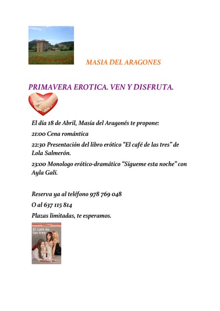 Sábado 18 De Abril Cena Romántica En Mas Del Aragonés Con Lola Salmerón