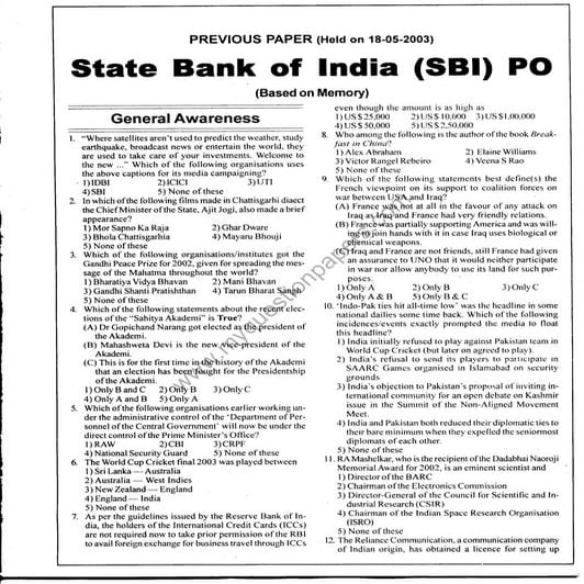 Sbi 2003 question paper | PDF