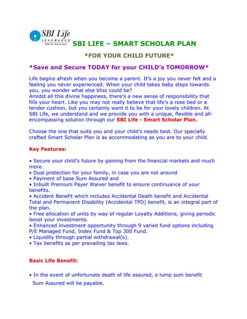 Sbi life smart scholar 50 k (5 yrs payment) | PDF