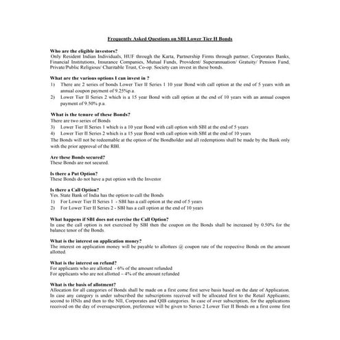 Frequently Asked Questions on SBI Lower Tier II Bonds | PDF