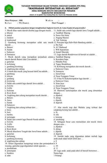 SOAL PTS GENAP SBPD KELAS 1. kelas 1 soal | PDF