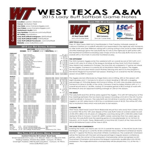 WT Softball Game Notes 3-25-15 | PDF | College Sports | Sports
