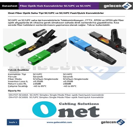 Onet Fiber Optik Saha Tipi SC/UPC ve SC/APC Fast/Quick Konnektörler | PDF