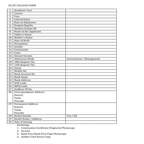 Sc st college form | PDF