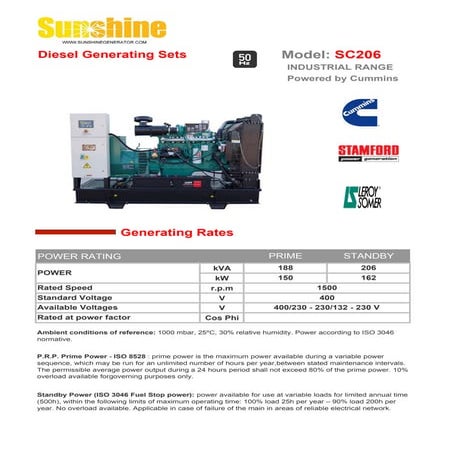 Data Sheet-Cummins 250KW Diesel Genset(NTA855-G2) | DOCX