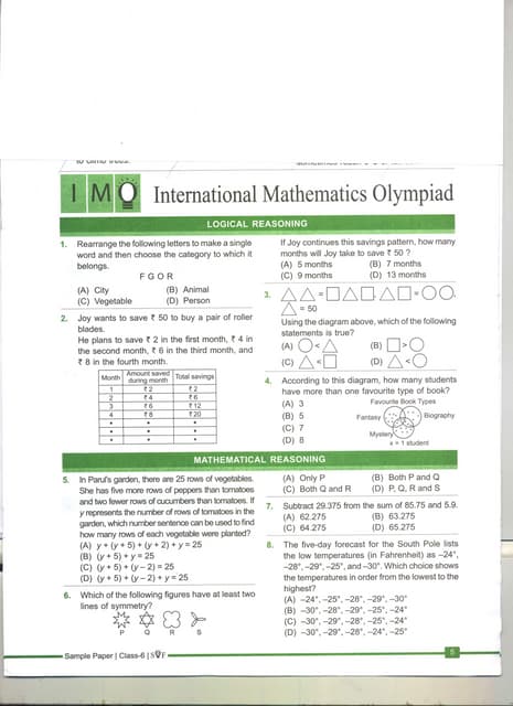 imo sample paper for classes 7 and 8 | PDF