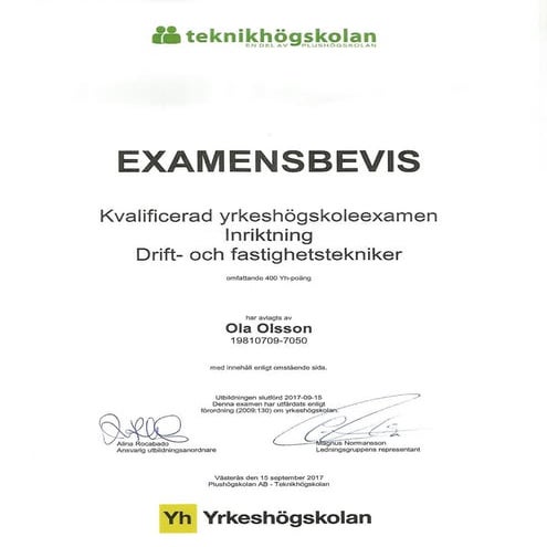 Examensbevis Drift - och Fastighetstekniker | PDF | Student Financial Aid | Financial Assistance