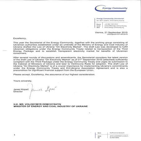 Supporting letter of EcS on the Draft law on electricity market | PDF