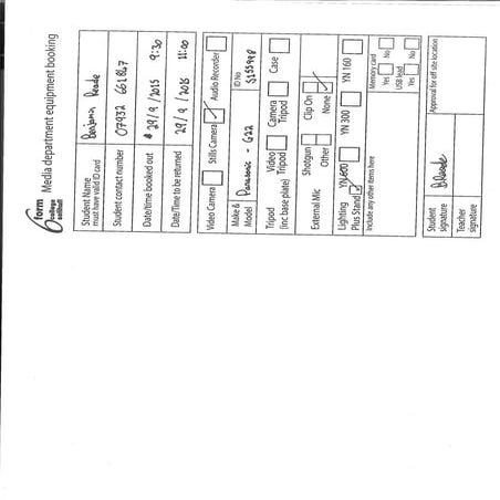 Camera Booking Sheet | PDF