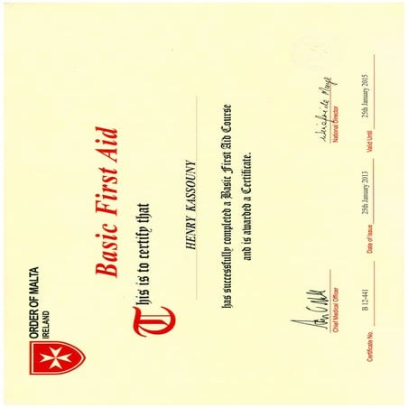 First Aid Certificate order of Malta | PDF