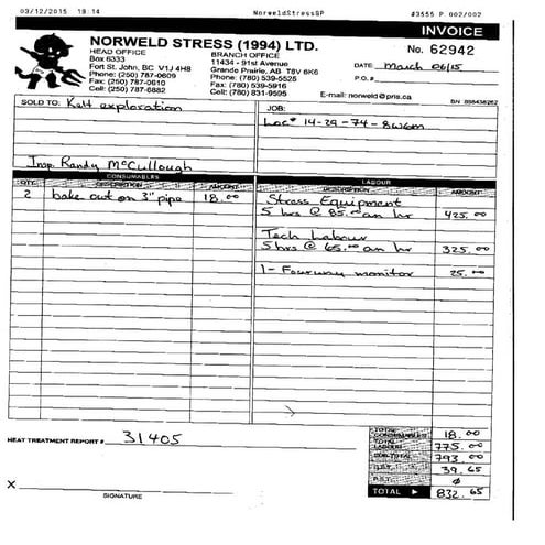 NORWELD STRESS LTD Invoice for Kelt Exploration | PDF