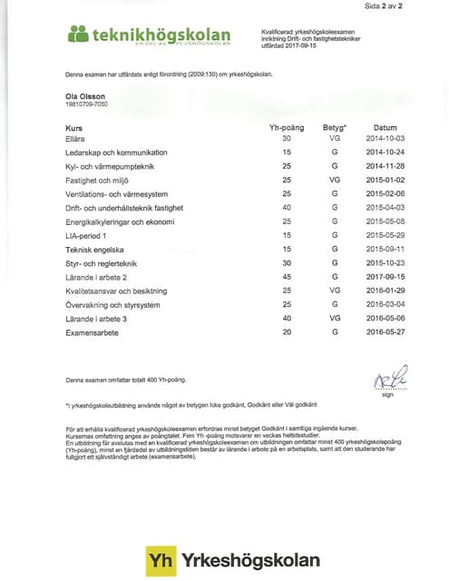 Examensbevis Drift - och Fastighetstekniker | PDF
