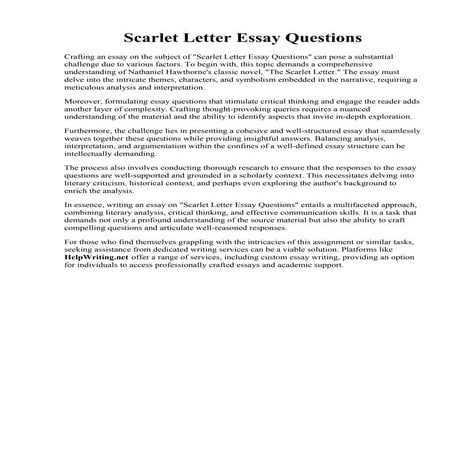 Scarlet Letter Essay Questions. The Scarlet Letter Study Questions KEY ...