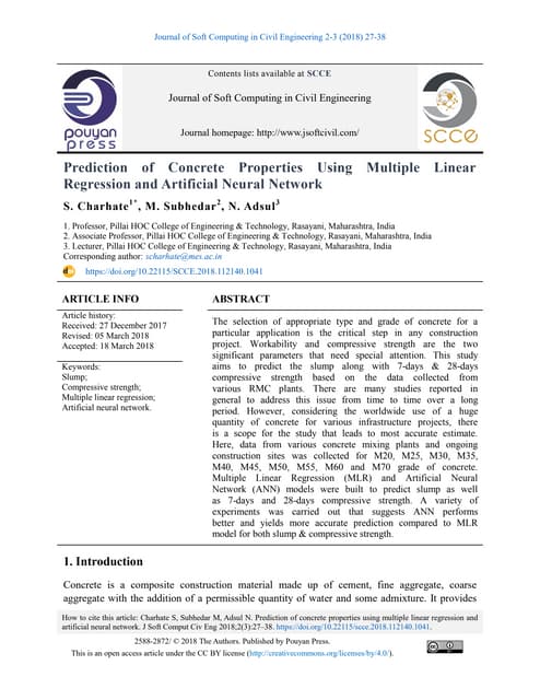 Prediction Of Concrete Properties Using Multiple Linear Regression And Artificial Neural Network