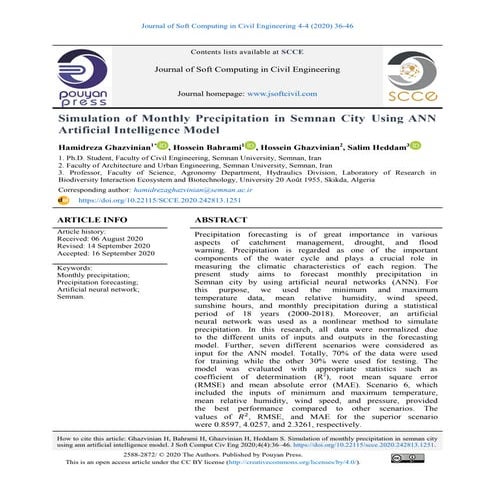 Simulation of Monthly Precipitation in Semnan City Using ANN Artificial Intelligence Model | PDF