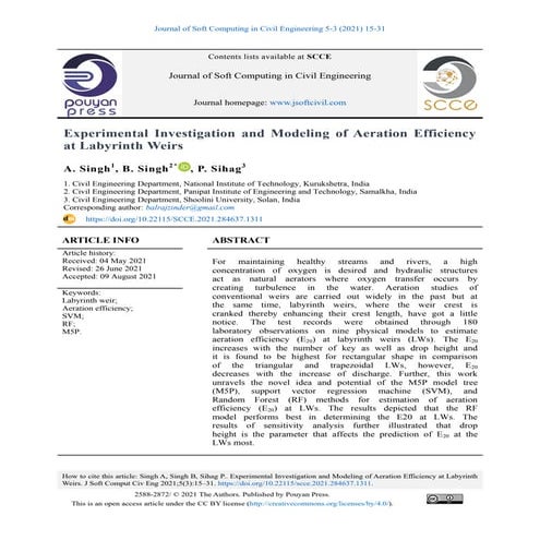 Experimental Investigation and Modeling of Aeration Efficiency at Labyrinth Weirs | PDF