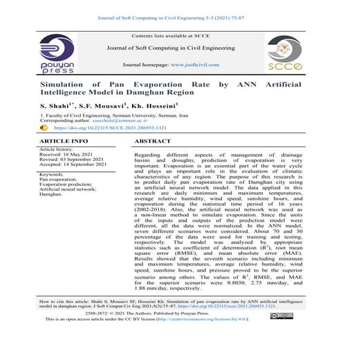 Simulation Of Pan Evaporation Rate By Ann Artificial Intelligence Model In Damghan Region Pdf