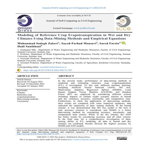 Modeling Of Reference Crop Evapotranspiration In Wet And Dry Climates Using Data Mining Methods