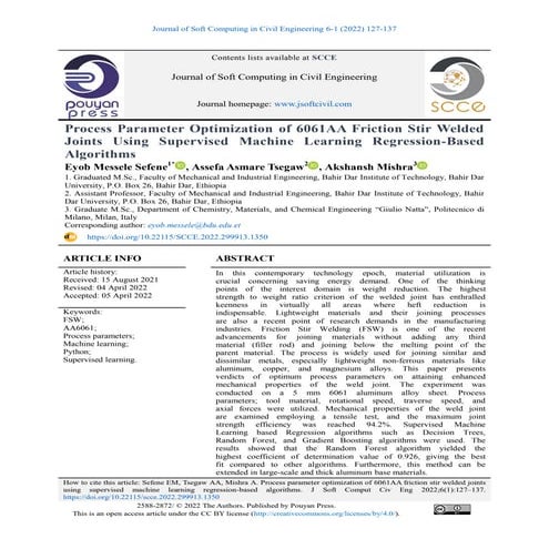Process Parameter Optimization of 6061AA Friction Stir Welded Joints Using Supervised Machine ...