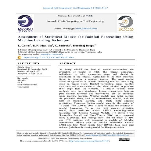 Assessment of Statistical Models for Rainfall Forecasting Using Machine ...