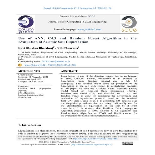 Use of ANN, C4.5 and Random Forest Algorithm in the Evaluation of Seismic Soil Liquefaction | PDF