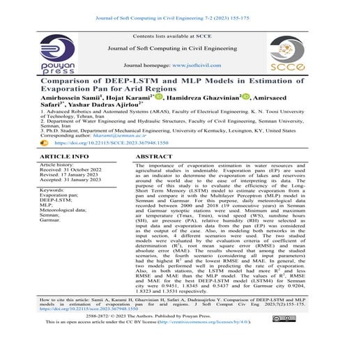 Comparison Of Deep Lstm And Mlp Models In Estimation Of Evaporation Pan For Arid Regions Pdf