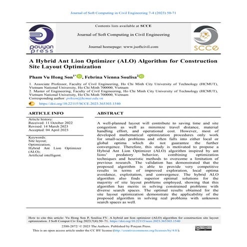A Hybrid Ant Lion Optimizer (ALO) Algorithm for Construction Site Layout Optimization | PDF