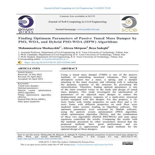 Finding Optimum Parameters of Passive Tuned Mass Damper by PSO, WOA, and Hybrid PSO-WOA (HPW ...