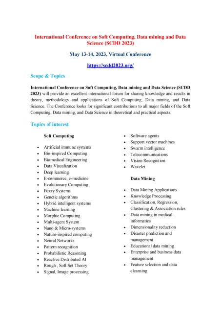 International Conference On Soft Computing Data Mining And Data Science Scdd 2023 Pdf