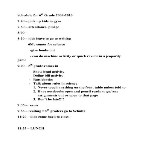 Schedule for 6th grade 2009 | DOCX