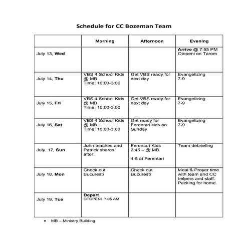 Schedule for CC Bozeman | DOC