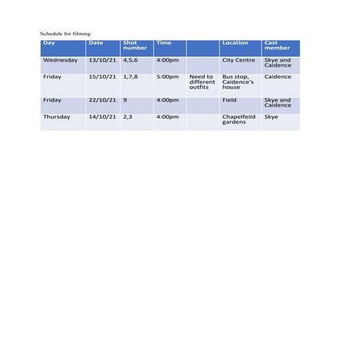 Schedule for filmimg | PDF