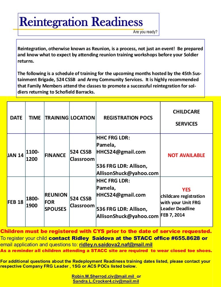 Schedule of reintegration readiness 2014