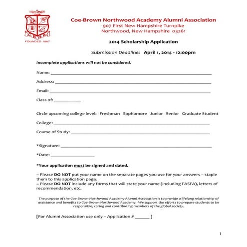 CBNA Alumni Association Scholarship application 2014 | DOC