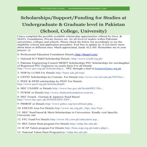 Scholarship/support/fundings for studies in pakistan (school, college ...