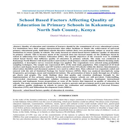 School Based Factors Affecting Quality of Education in Primary Schools ...