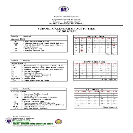 School calendar of activities | DOCX