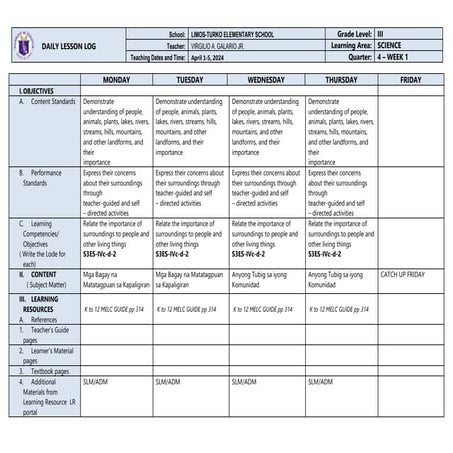 science quarter 4 week 1 daily lesson log | DOC