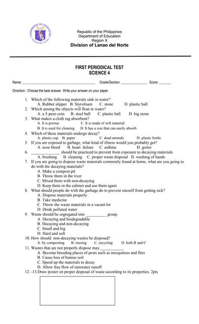 K-12 First Quarter test in science 4 | DOCX