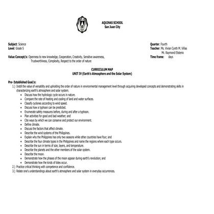 Grade 5 Science 4th Quarter Curriculum Map | DOC
