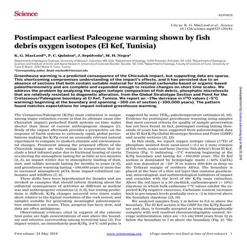Postimpact earliest Paleogene warming shown by fish debris oxygen isotopes (El Kef, Tunisia) | PDF