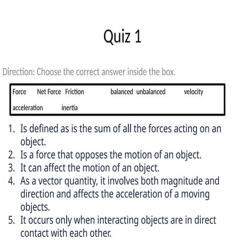 Grade 8 Science Quiz 1, Laws of Motion. | PPTX | Physics | Science
