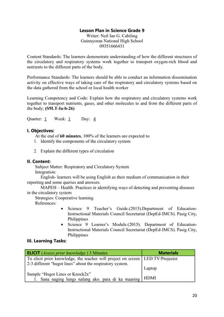 science 9 daily lesson plan week 2 heart rate | DOCX