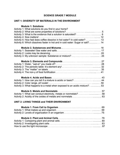 Science grade 8 module table of contents | DOCX